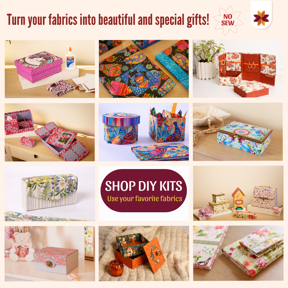Cartonnage DIY kits and tutorials to make fabric boxes and more gifts