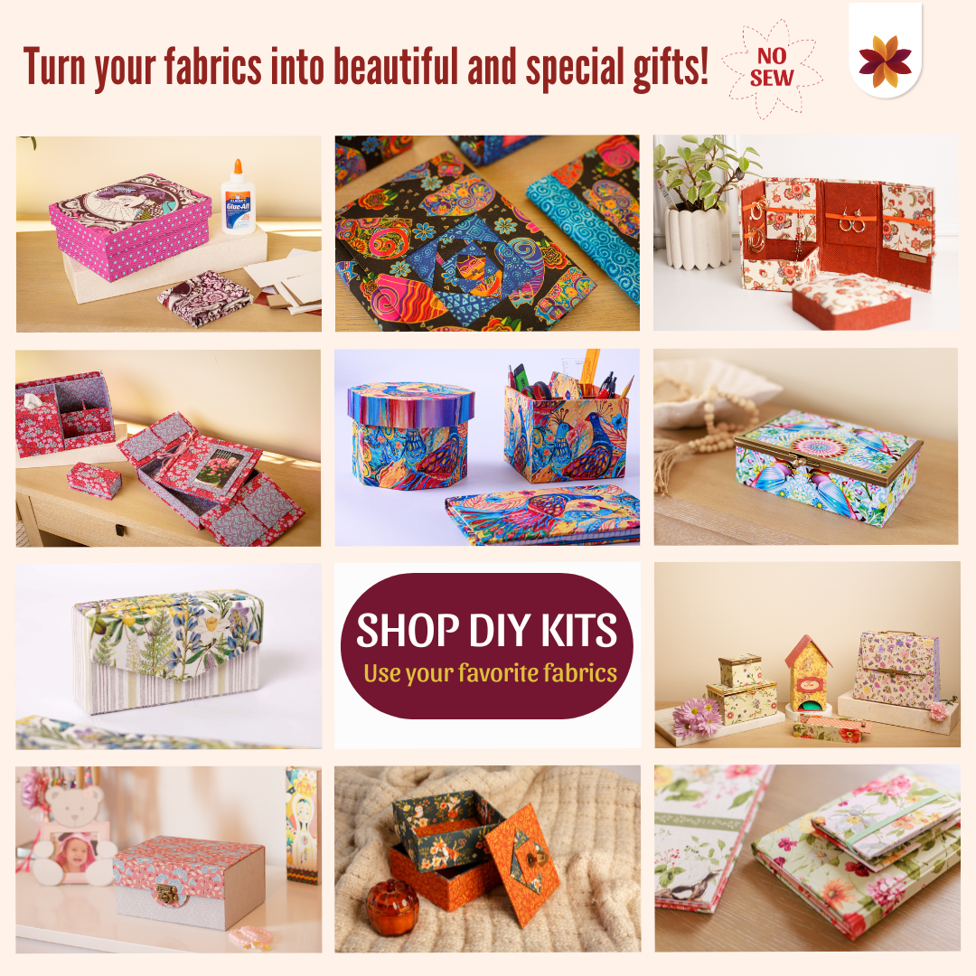 Cartonnage DIY kits and tutorials to make fabric boxes and more gifts